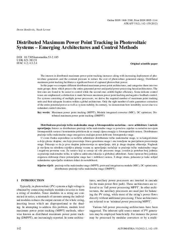 (PDF) Distributed Maximum Power Point Tracking in Photovoltaic Systems - Emerging Architectures ...