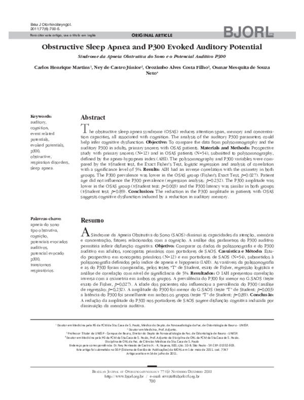 (PDF) Obstructive sleep apnea and P300 evoked auditory potential