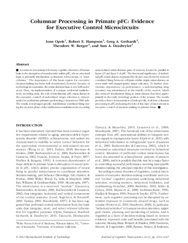 (PDF) Columnar processing in primate pFC: evidence for executive control microcircuits