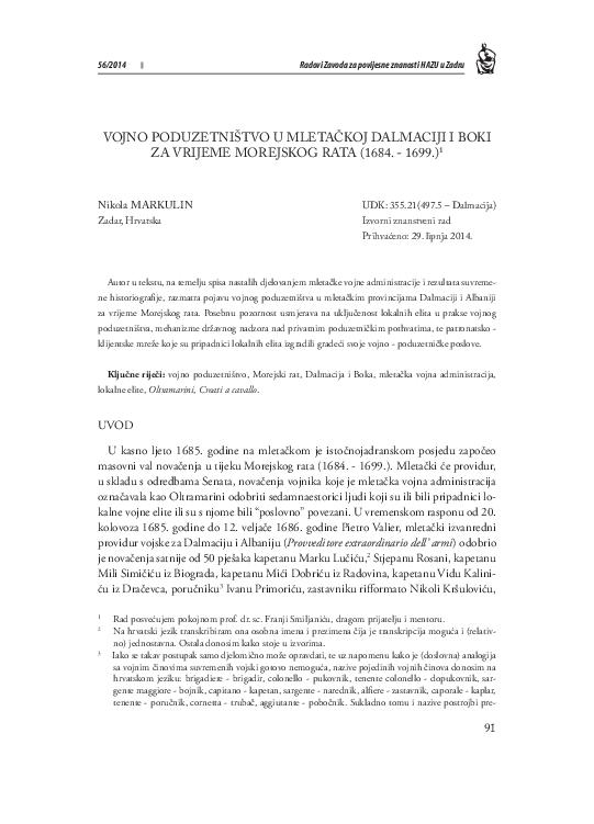 MILITARY ENTREPRENEURSHIP IN VENETIAN DALMATIA AND BOKA DURING THE ...