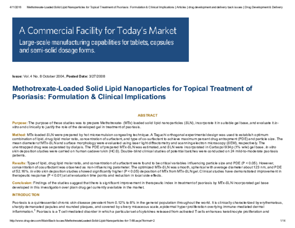 Pdf Methotrexate Loaded Solid Lipid Nanoparticles For Topical Treatment Of Psoriasis