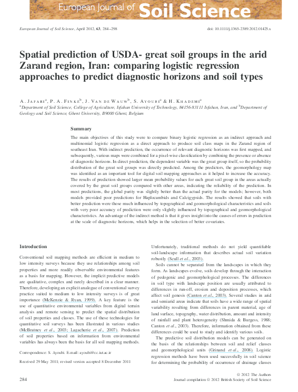 (PDF) Spatial prediction of USDA- great soil groups in the arid Zarand region, Iran: comparing ...