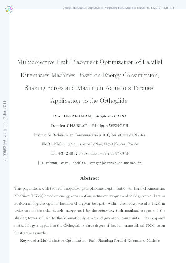 Pdf Multi Objective Path Placement Optimization Of Parallel Kinematics Machines Based On