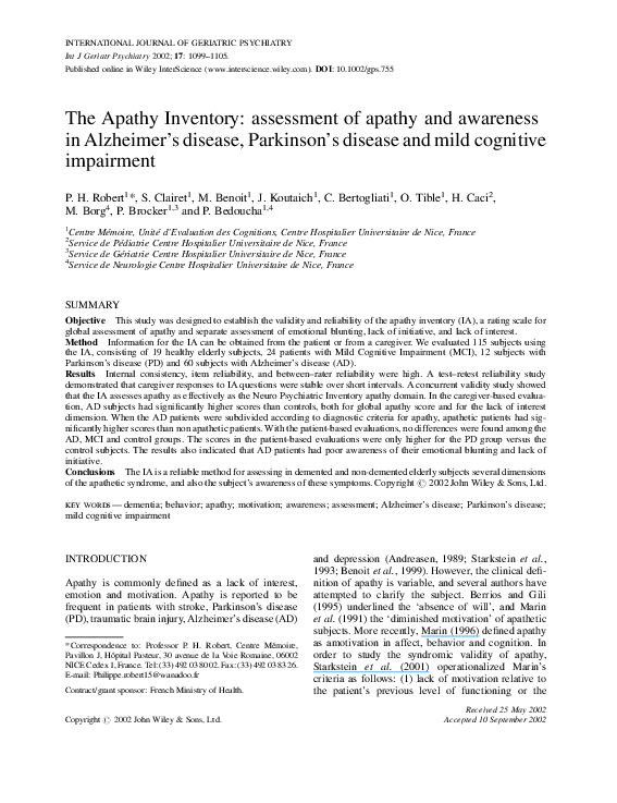 (PDF) The Apathy Inventory: assessment of apathy and awareness in ...
