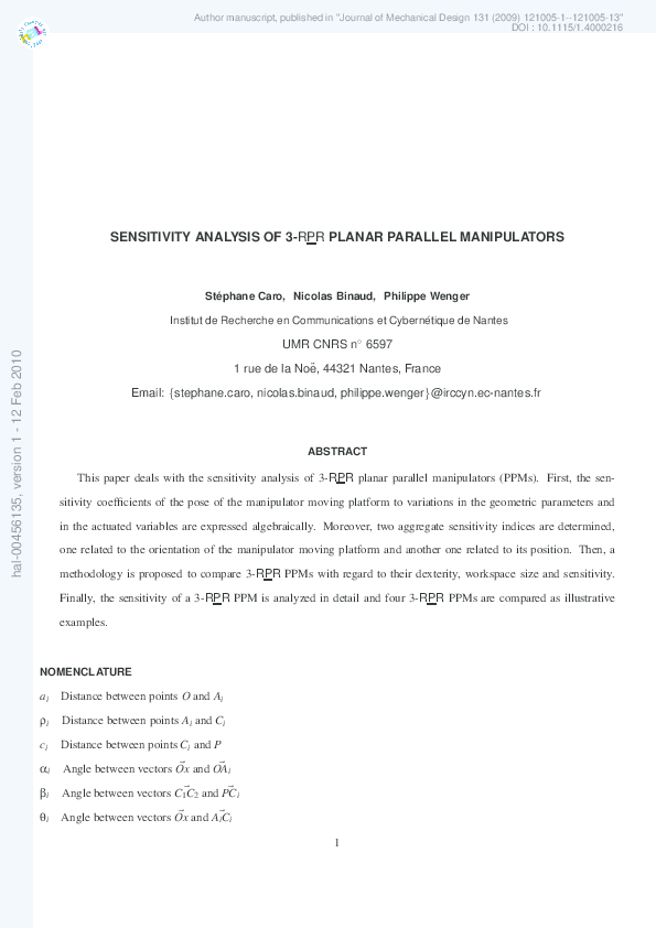 (PDF) Sensitivity Analysis of 3-RPR Planar Parallel Manipulators