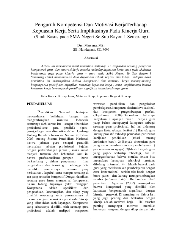 (PDF) Pengaruh Kompetensi Dan Motivasi KerjaTerhadap Kepuasan Kerja Serta Implikasinya Pada ...