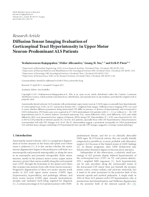 (PDF) Diffusion Tensor Imaging Evaluation of Corticospinal Tract ...