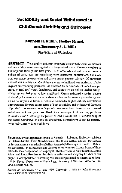 (PDF) Sociability and Social Withdrawal in Childhood: Stability and ...