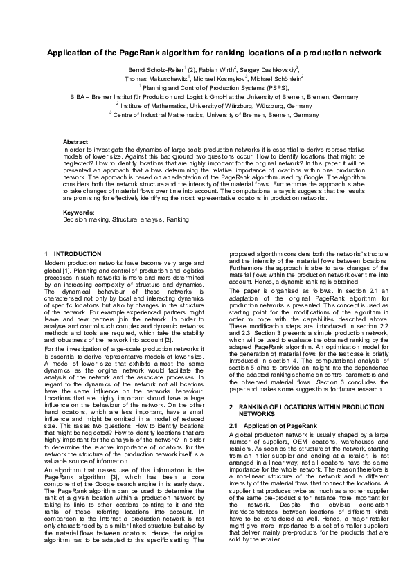 (PDF) Application of the PageRank algorithm for ranking locations of a production network