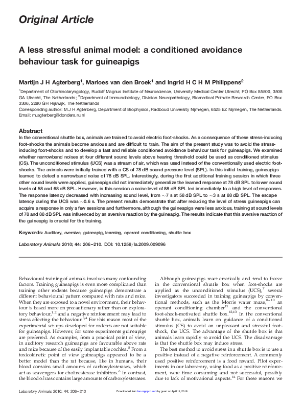 (PDF) A less stressful animal model: a conditioned avoidance behaviour ...