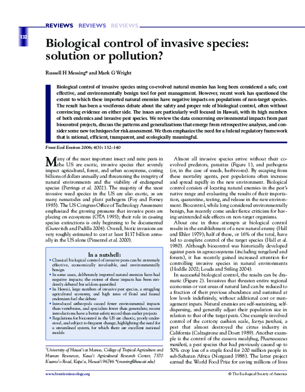 (PDF) Biological control of invasive species: solution or pollution?