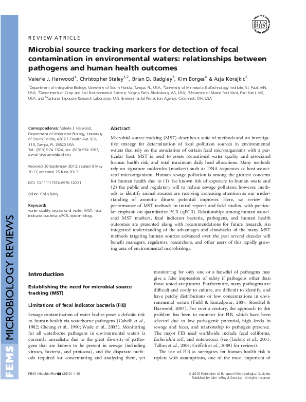 (PDF) Microbial source tracking markers for detection of fecal contamination in environmental ...