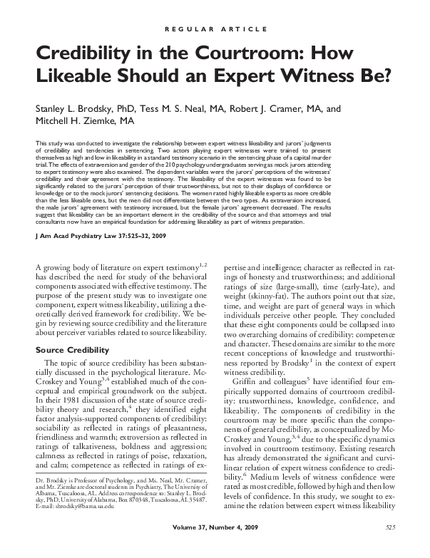 (PDF) Credibility in the courtroom: how likeable should an expert ...
