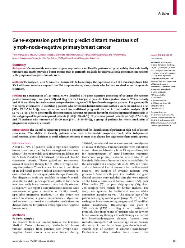 (PDF) Gene-expression profiles to predict distant metastasis of lymph-node-negative primary ...