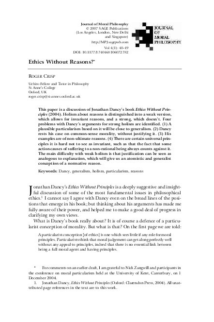 (PDF) Ethics without reasons?