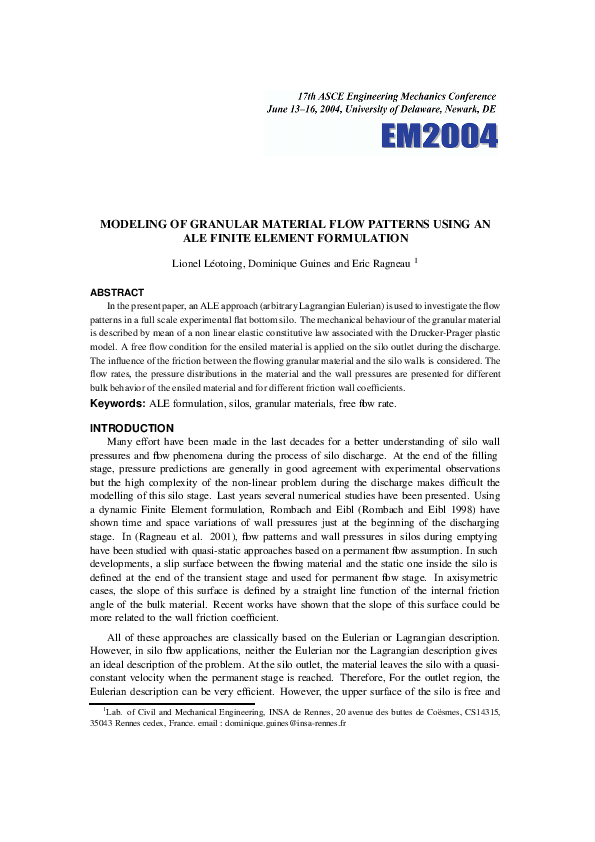 Pdf Modeling Of Granular Material Flow Patterns Using An Ale Finite Element Formulation