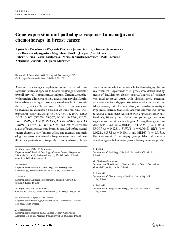 (PDF) Gene expression and pathologic response to neoadjuvant chemotherapy in breast cancer