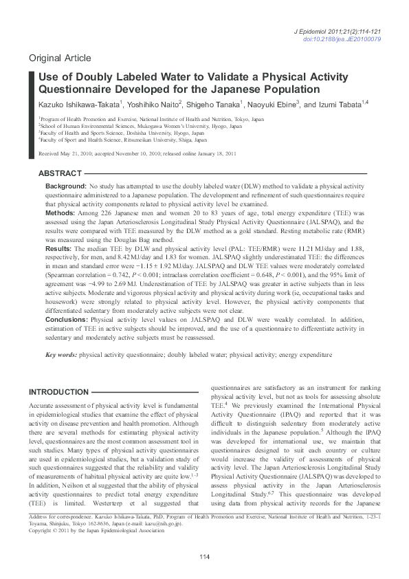 (PDF) Use of doubly labeled water to validate a physical activity questionnaire developed for ...