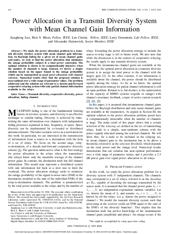 (PDF) Power allocation in a transmit diversity system with mean channel ...