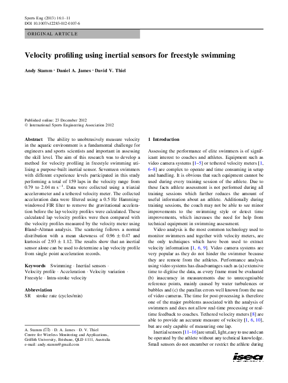 Pdf Velocity Profiling Using Inertial Sensors For Freestyle Swimming