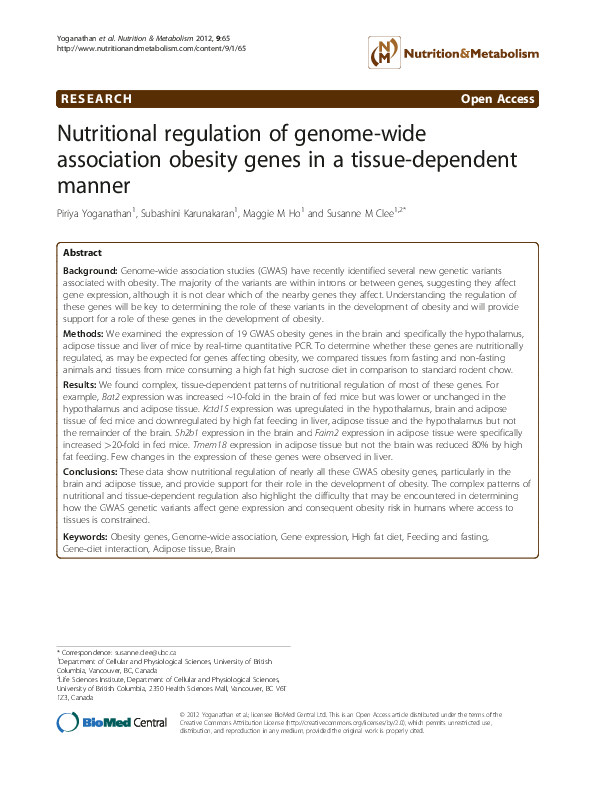 (PDF) Nutritional regulation of genome-wide association obesity genes ...