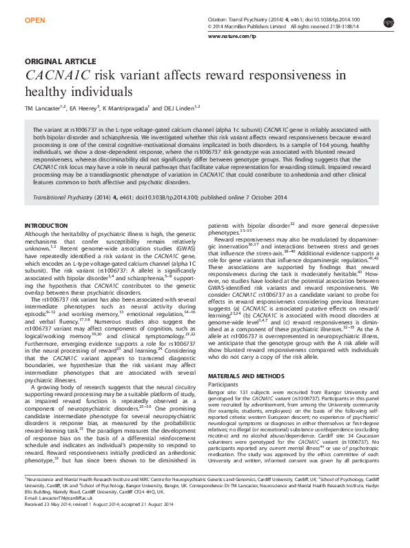 (PDF) CACNA1C risk variant affects reward responsiveness in healthy ...