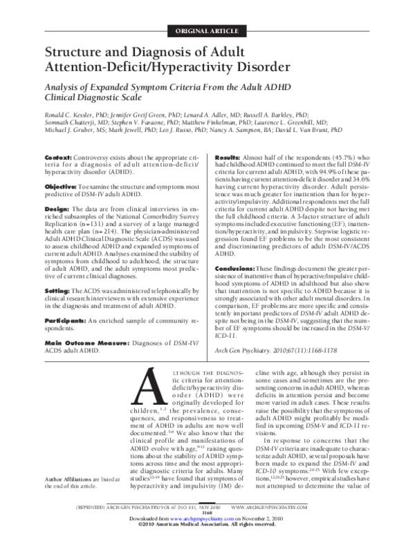 (PDF) Structure and Diagnosis of Adult Attention-Deficit/Hyperactivity ...