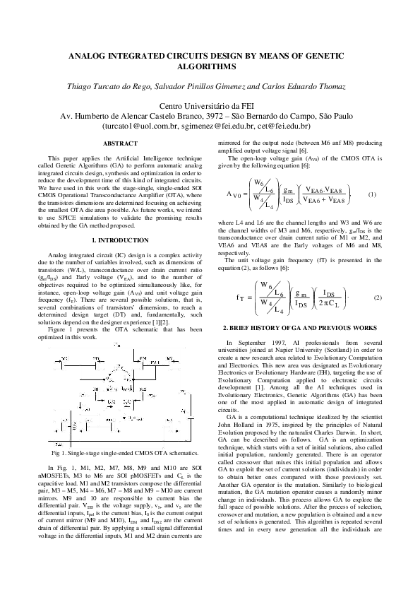 (PDF) ANALOG INTEGRATED CIRCUITS DESIGN BY MEANS OF GENETIC ALGORITHMS