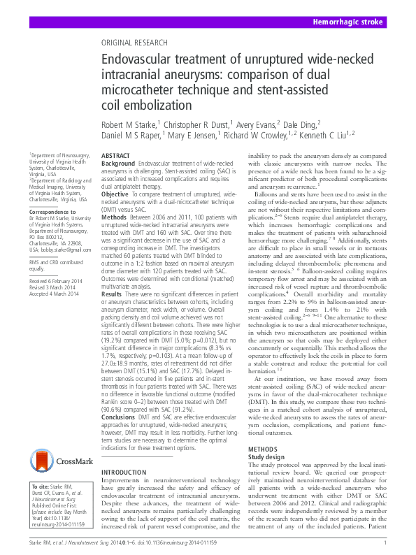 Pdf Endovascular Treatment Of Unruptured Wide Necked Intracranial