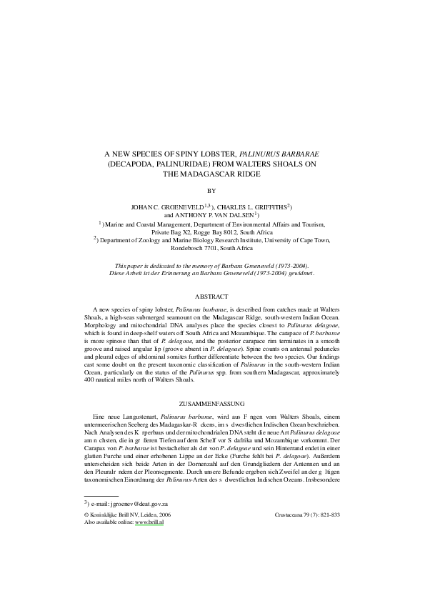 (PDF) A new species of spiny lobster, Palinurus Barbarae (Decapoda ...