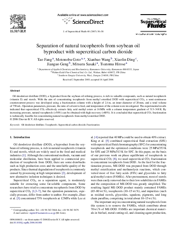 (PDF) Separation of natural tocopherols from soybean oil byproduct with supercritical carbon dioxide