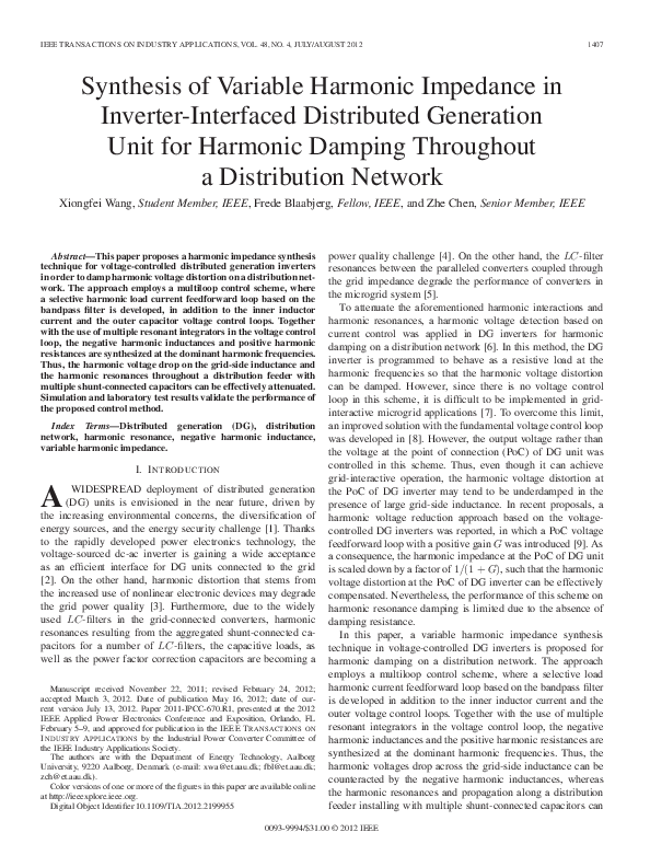 (PDF) Synthesis of Variable Harmonic Impedance in Inverter-Interfaced Distributed Generation ...