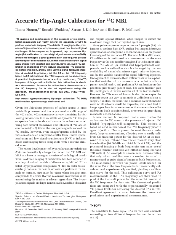 (PDF) Accurate flip-angle calibration for13C MRI