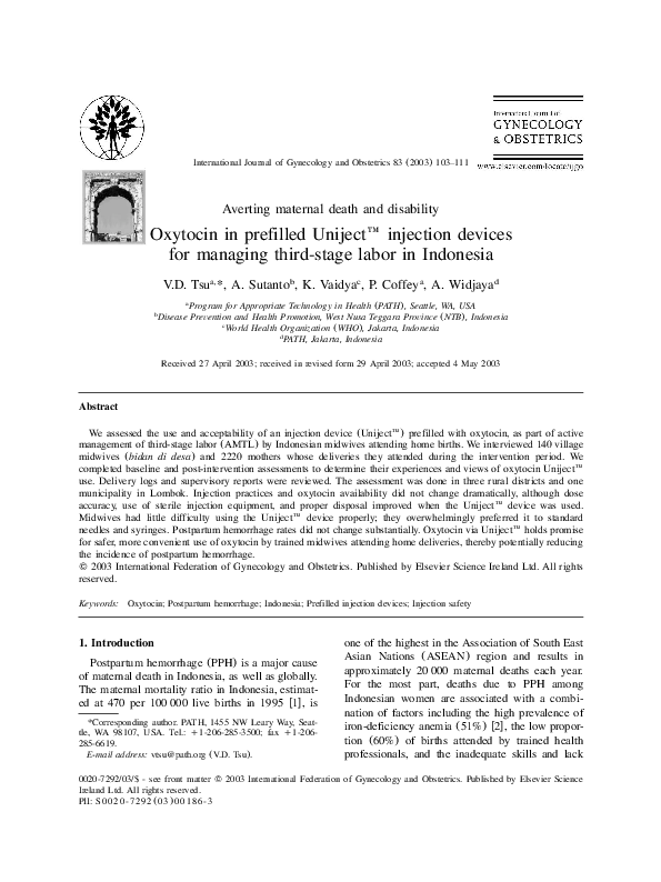 (PDF) Oxytocin in prefilled Uniject™ injection devices for managing ...