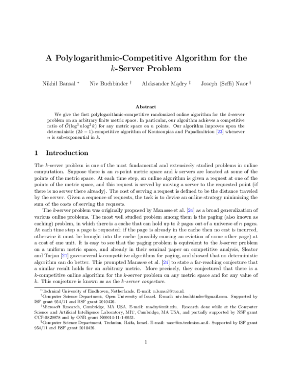(PDF) A Polylogarithmic-Competitive Algorithm for the k-Server Problem