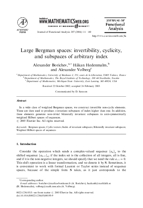 (PDF) Large Bergman spaces: invertibility, cyclicity, and subspaces of arbitrary index
