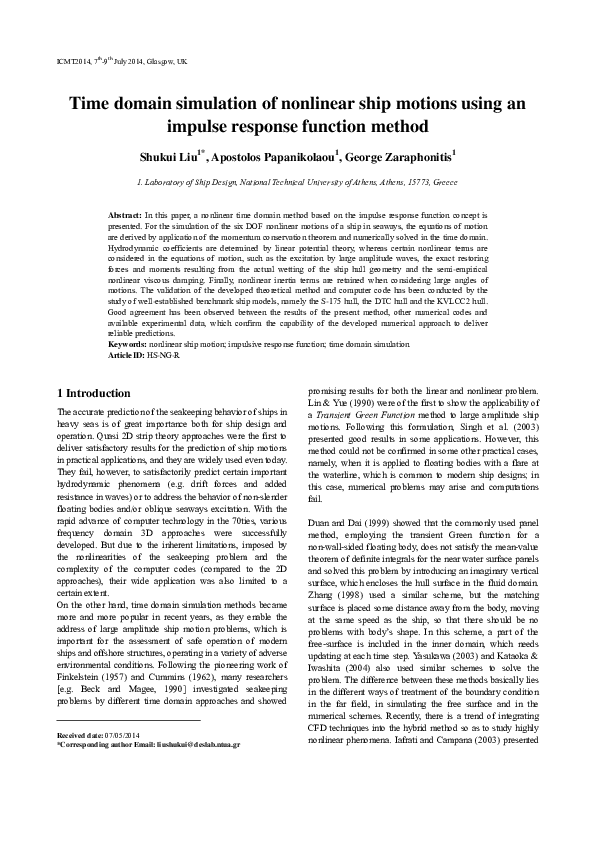 (PDF) Time Domain Simulation of Nonlinear Ship Motions Using an Impulsive Responsive Function Method