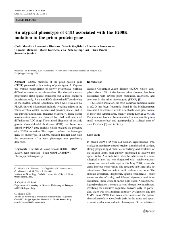 (PDF) An atypical phenotype of CJD associated with the E200K mutation ...