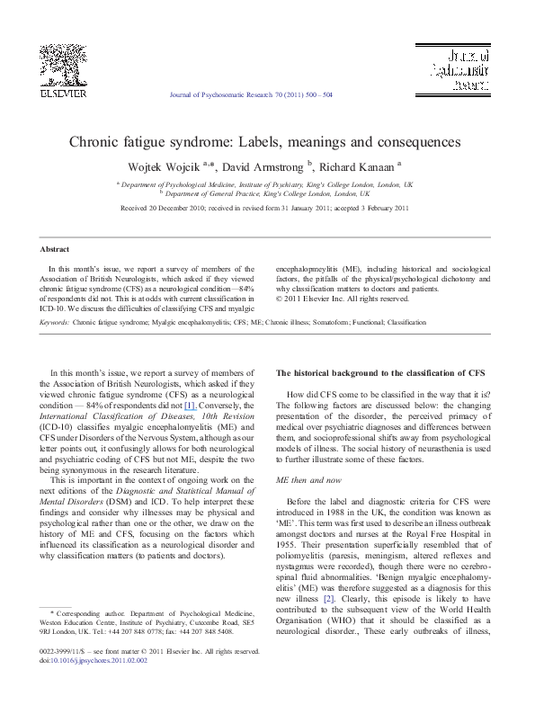 Pdf Chronic Fatigue Syndrome Labels Meanings And Consequences
