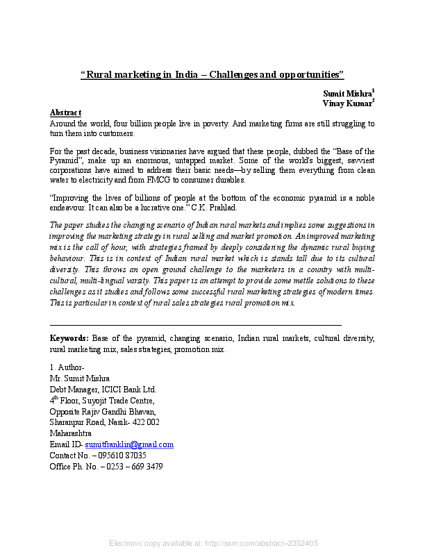 (PDF) " Rural marketing in India – Challenges and opportunities " | Dr ...