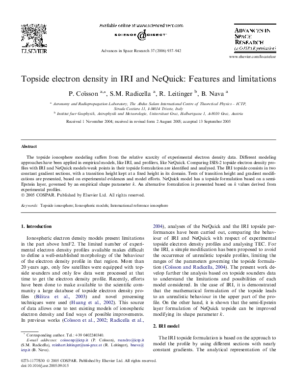 (PDF) Topside electron density in IRI and NeQuick: Features and limitations