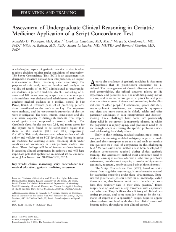 Pdf Assessment Of Undergraduate Clinical Reasoning In Geriatric Medicine Application Of A