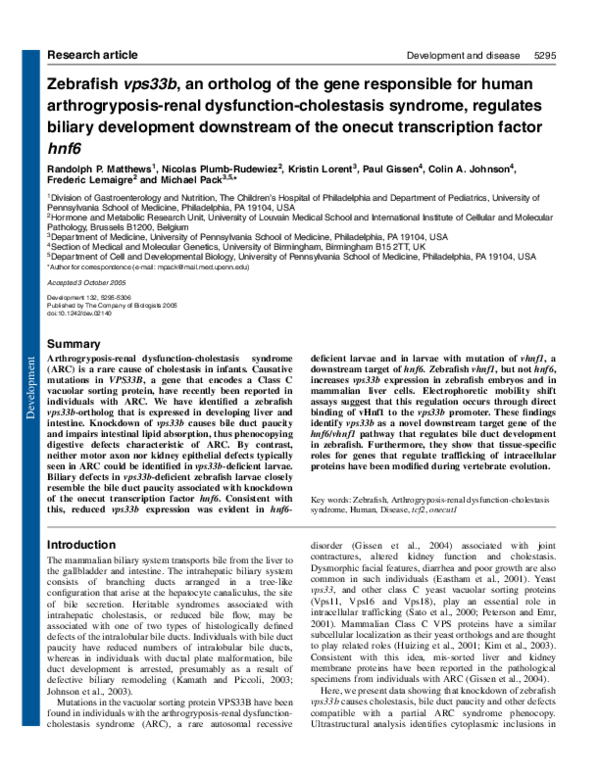 (PDF) Zebrafish vps33b, an ortholog of the gene responsible for human ...