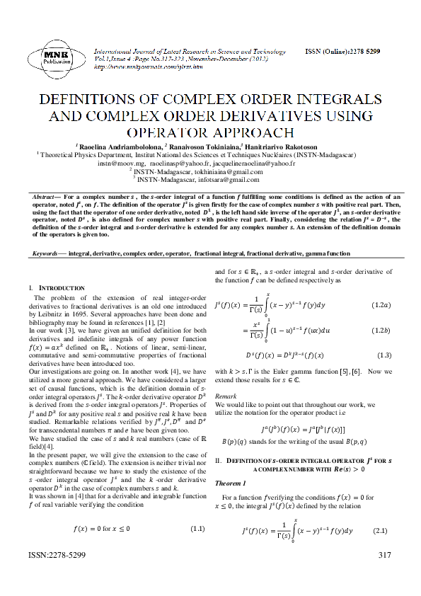 Pdf Definitions Of Complex Order Integrals And Derivatives Using