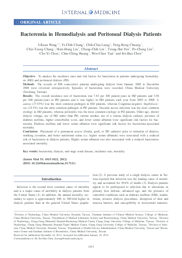 (PDF) Bacteremia in Hemodialysis and Peritoneal Dialysis Patients
