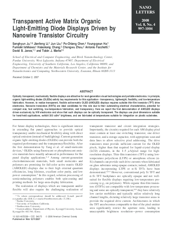 (PDF) Transparent Active Matrix Organic Light-Emitting Diode Displays Driven by Nanowire ...