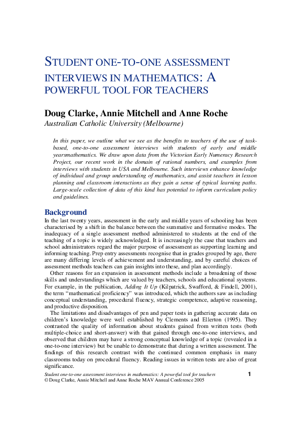 (PDF) Student One-To-One Assessment Interviews in Mathematics: A ...