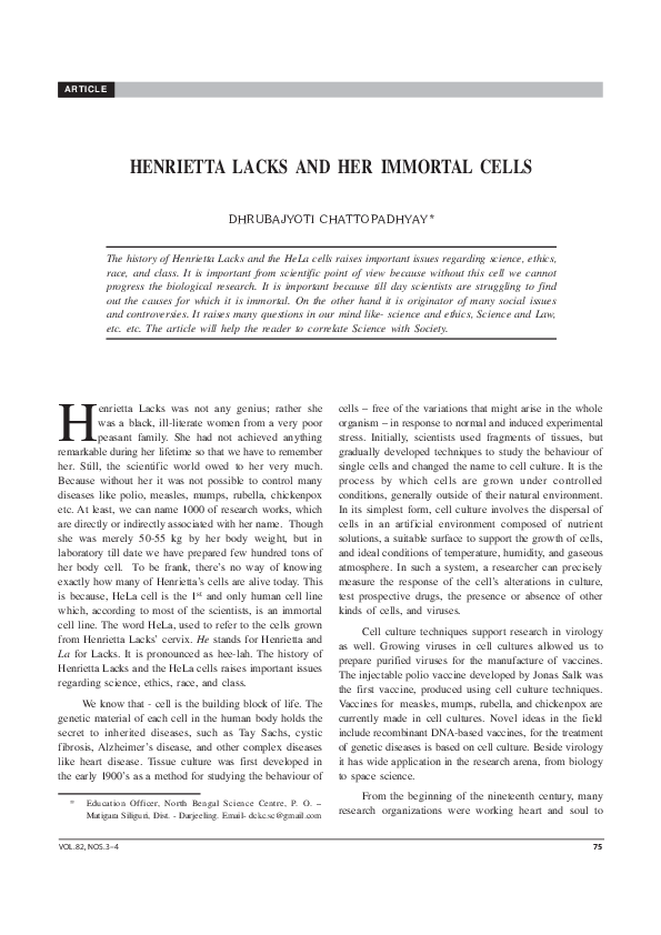 (PDF) HENRIETTA LACKS AND HER IMMORTAL CELLS