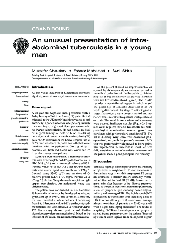 (PDF) An unusual presentation of intra-abdominal tuberculosis in a ...