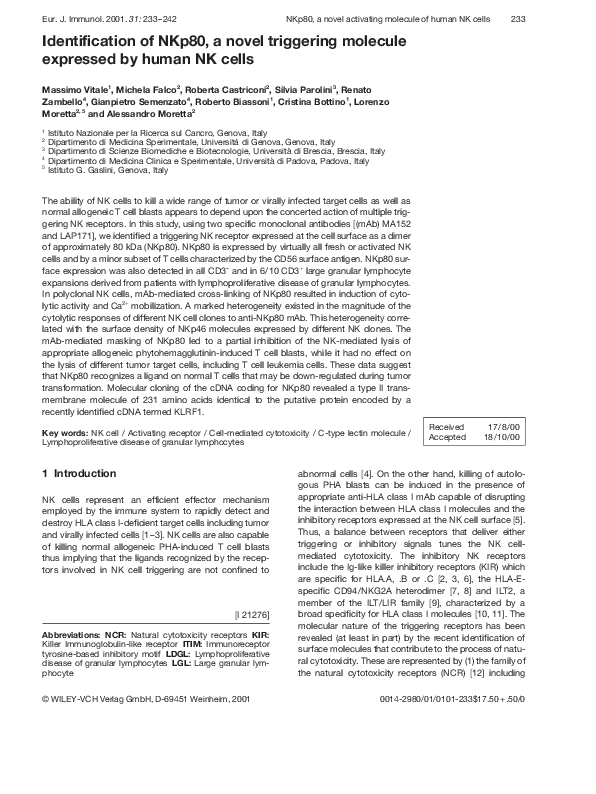 (PDF) Identification of NKp80, a novel triggering molecule expressed by ...
